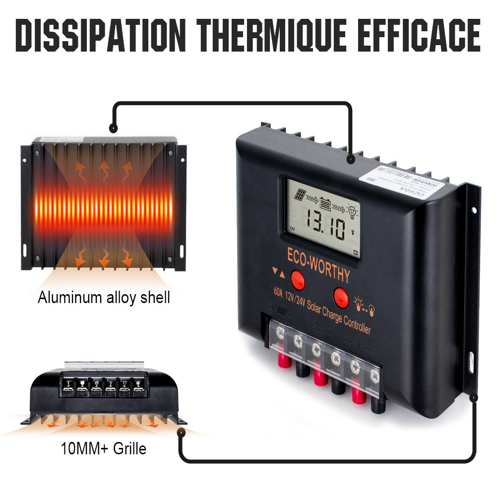 60A PWM LCD Affichage Régulateur de Charge Solaire Régulateur 12V/24V Autoswitch | ECO-WORTHY ...